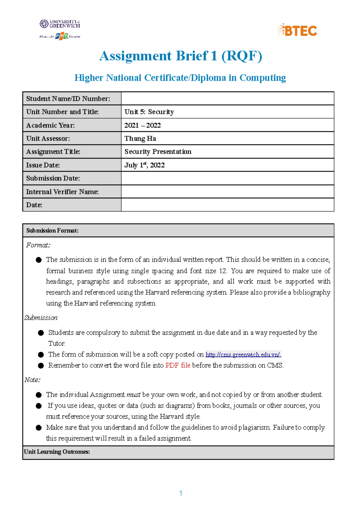 1 Unit 5 - Assignment brief 1 - Assignment Brief 1 (RQF) Higher ...