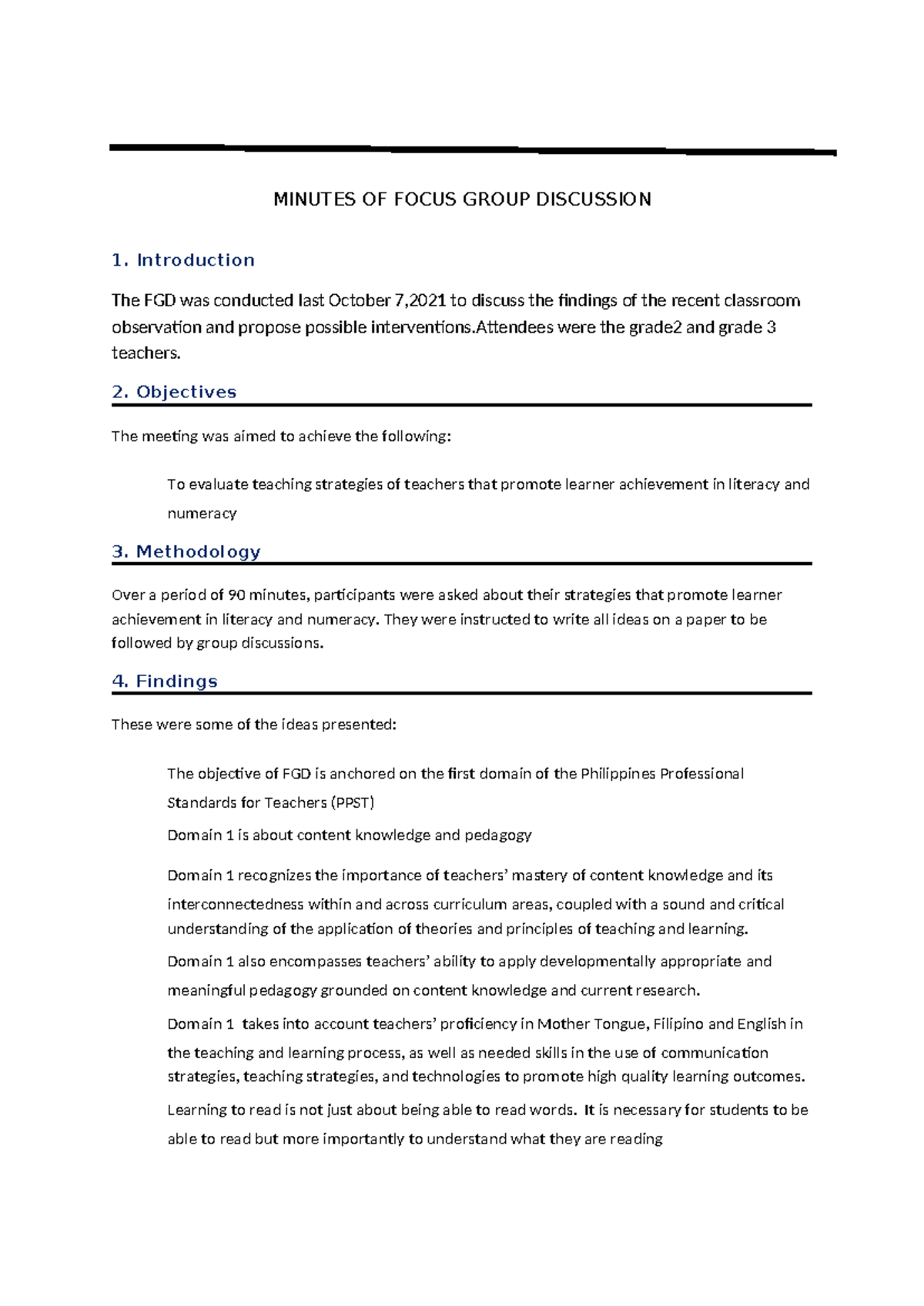 Focus Group Discussion Minutes: Strategies for Literacy & Numeracy ...