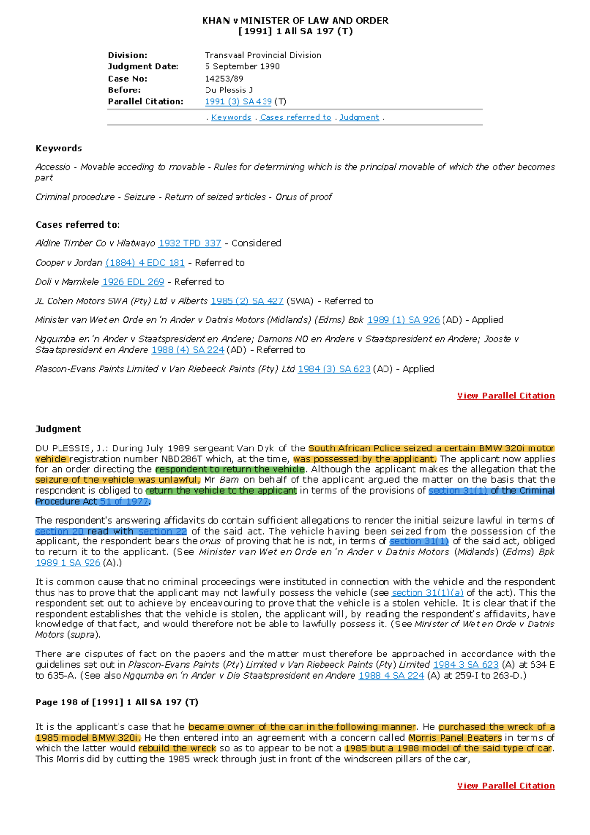 KHAN v MINISTER OF LAW AND ORDER: Judgment Analysis [1991] 1 All SA 197 ...
