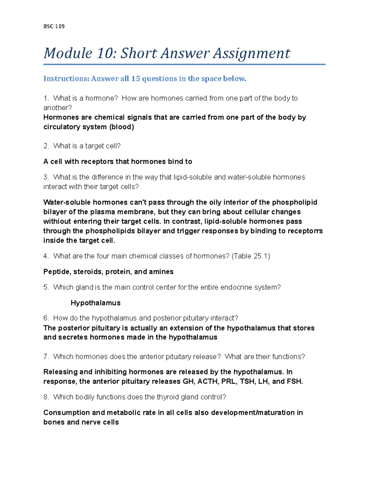BSC 109 Module 10: Hormones and Endocrine System Short Answer Assign ...