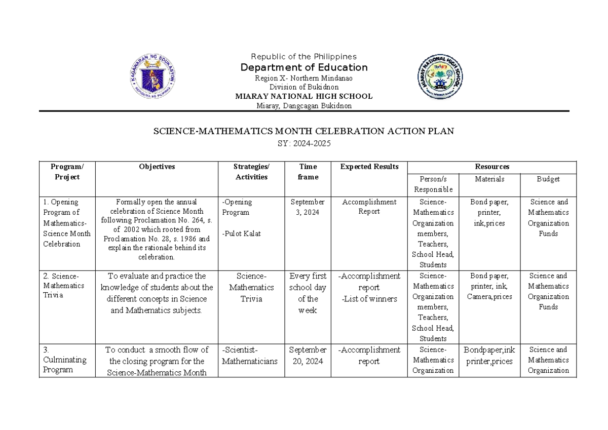 SY 2024 Science Month Celebration Action Plan - Studocu