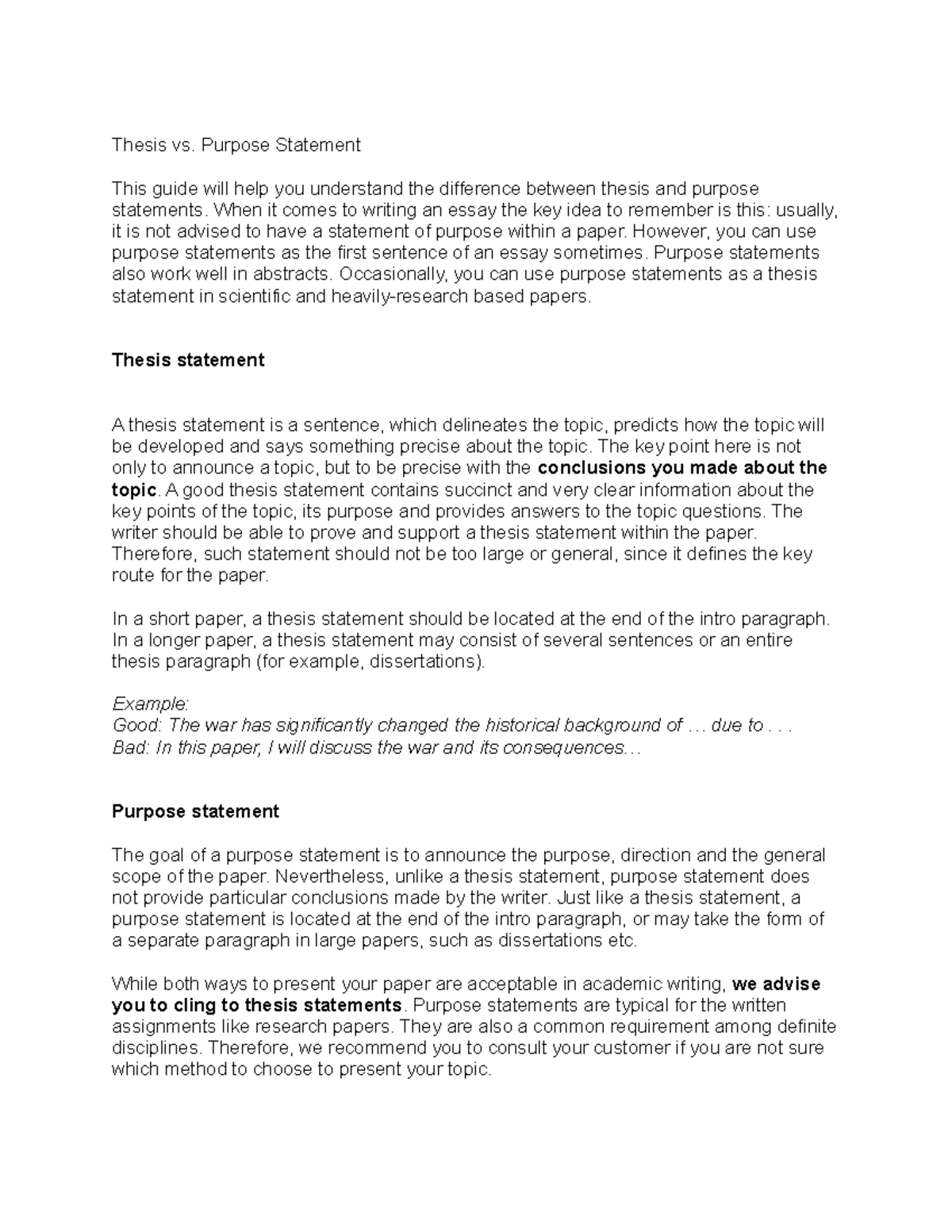 Thesis vs. Purpose Statement - Thesis vs. Purpose Statement This guide will help you understand ...