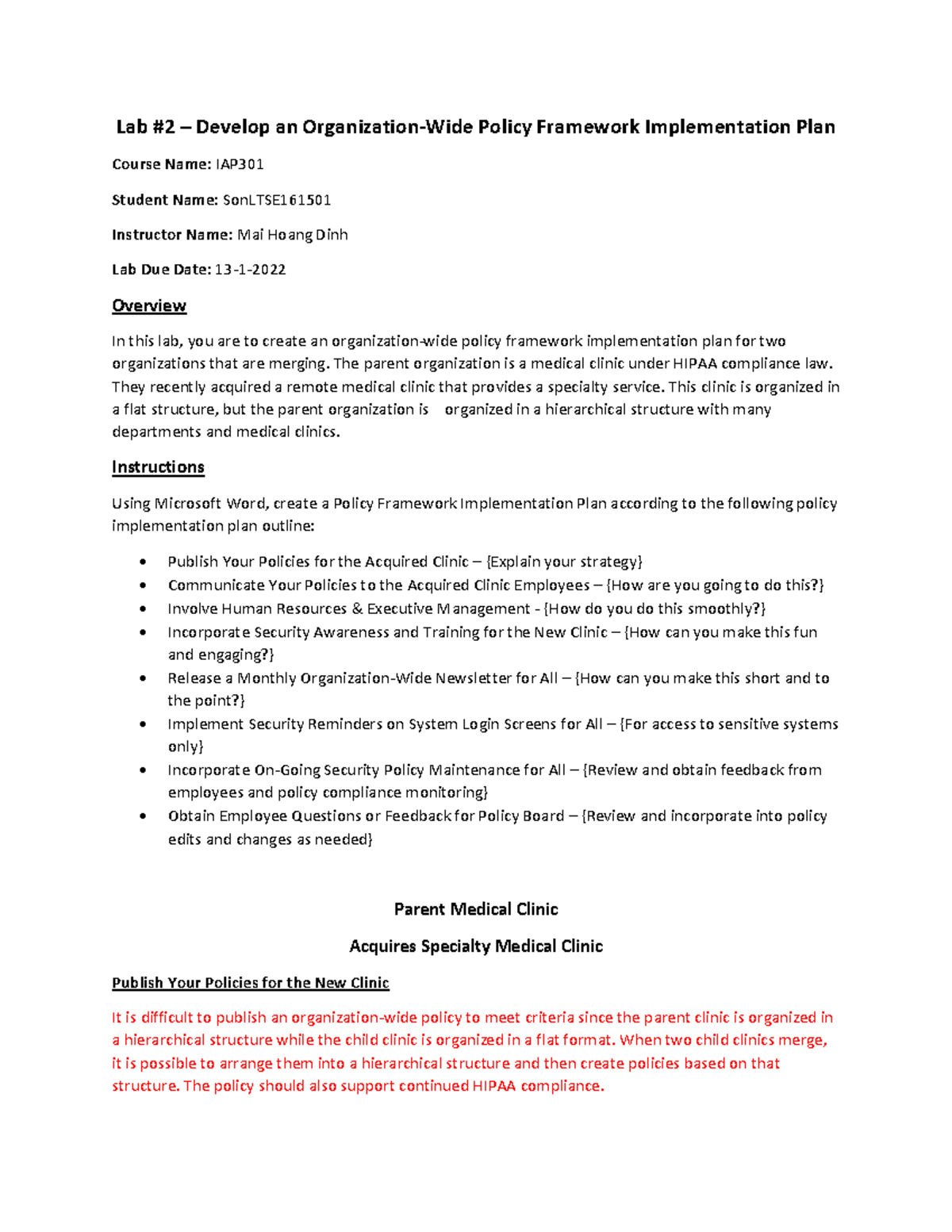 IAP301 SE161501 Lab2docx - Lab #2 – Develop an Organization-Wide Policy ...