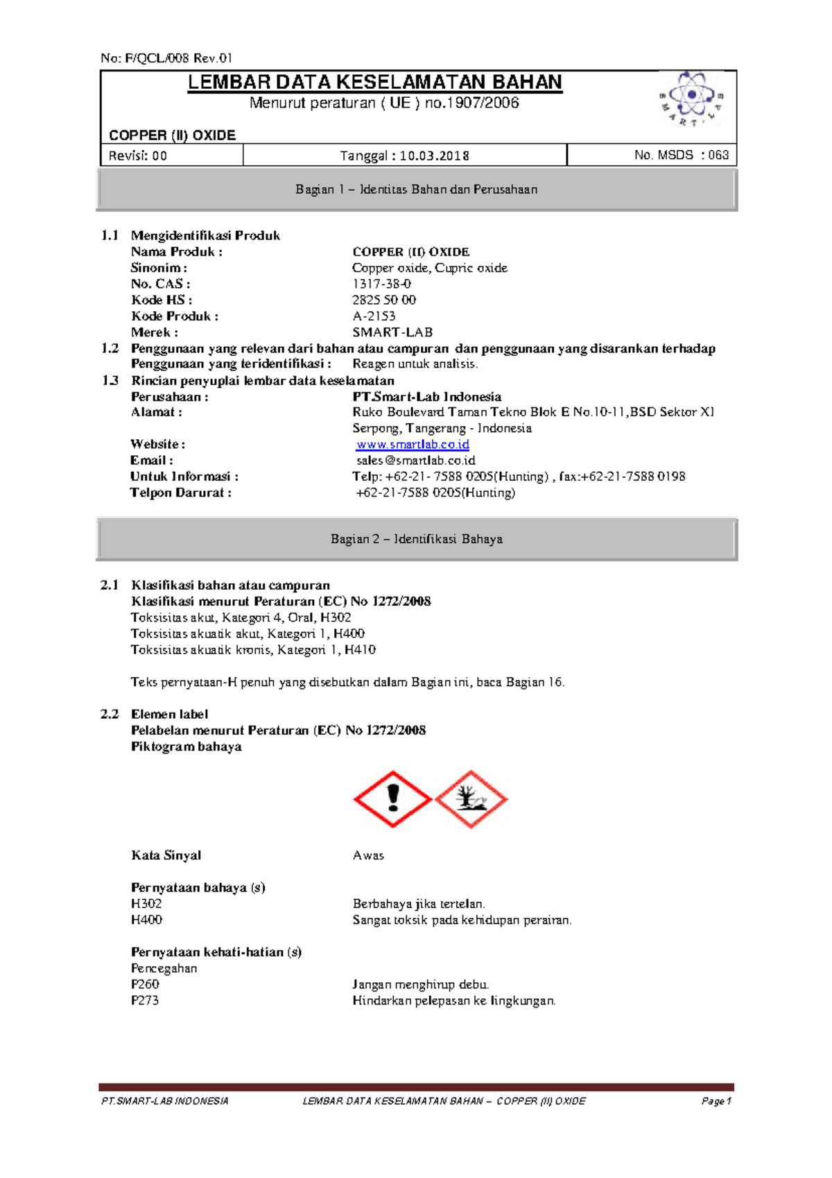 MSDS Lembar Data Keselamatan untuk CuO (Tembaga(II) Oksida) - Studocu