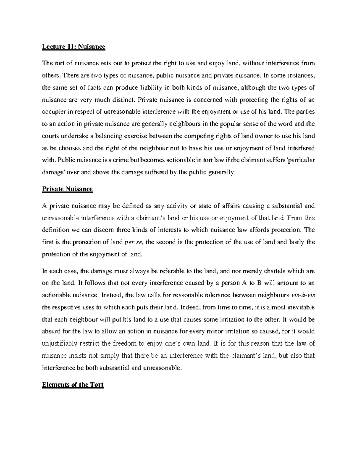 Lecture 11 - Nuisance: Key Concepts and Case Summaries - Studocu