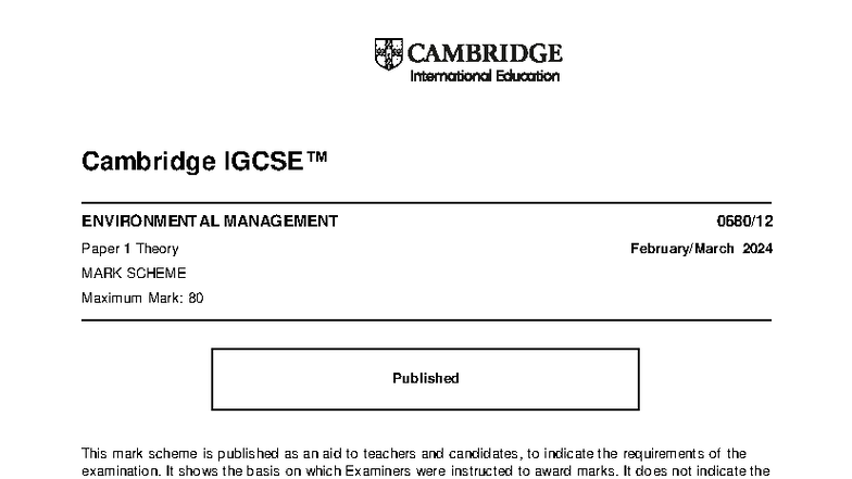 Cambridge IGCSE ENVIRONMENTAL MANAGEMENT 0680/24 Mark Scheme 2024 - Studocu