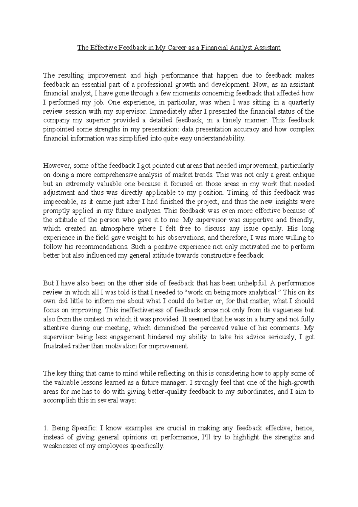BUS 2 - Effective Feedback Reflections as a Financial Analyst Assistant ...