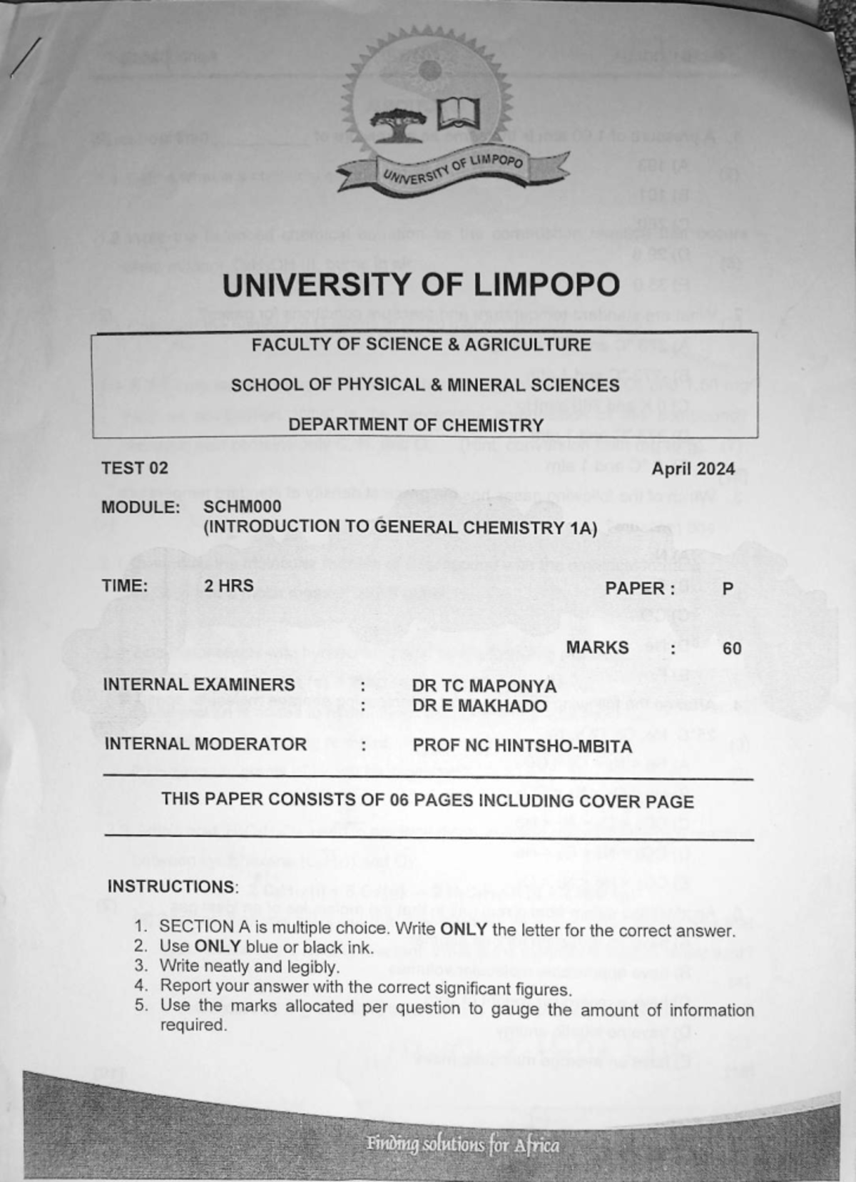 SCHM000 TEST 02 (2024) - Introduction to General Chemistry 1A - Studocu