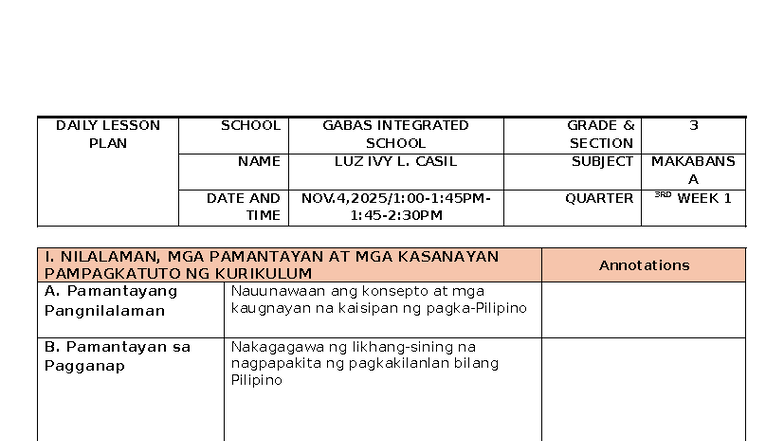 DAILY LESSON PLAN: TABON MAN AND FILIPINO HERITAGE (GRADE 3) - Studocu