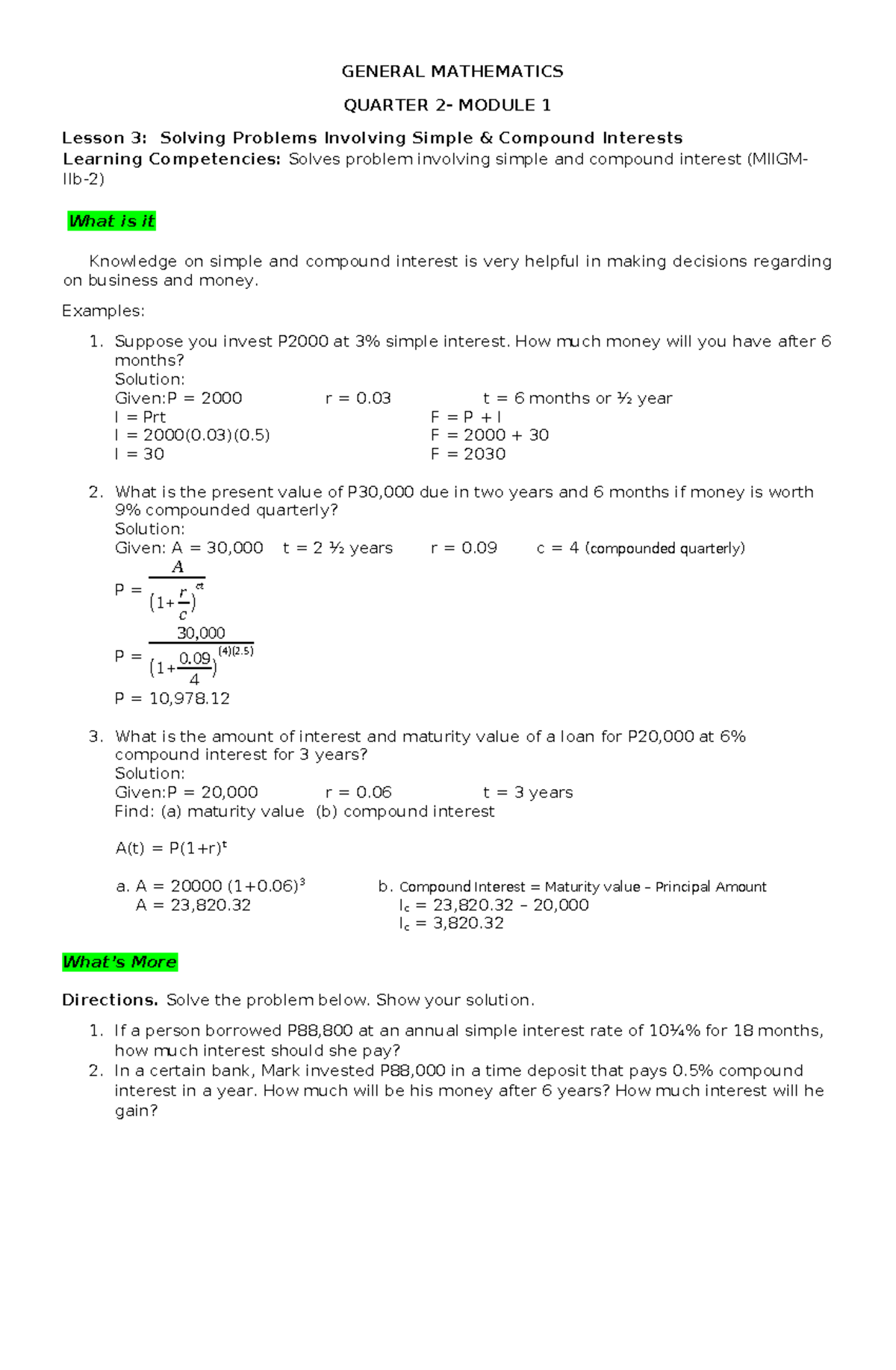 GEN MATH Q2-M1-L3: Solving Simple & Compound Interest Problems - Studocu