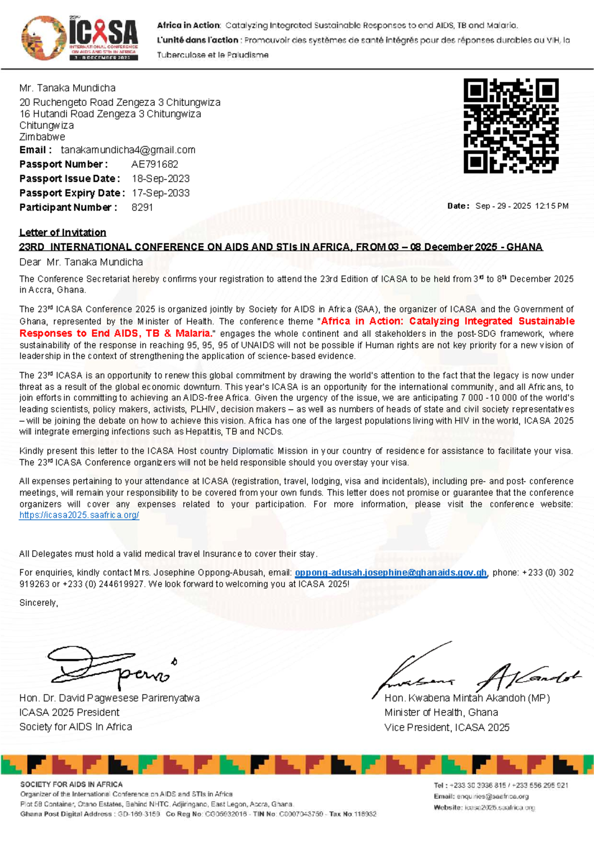 ICASA 2025 Letter of Invitation for Mr. Tanaka Mundicha - Studocu
