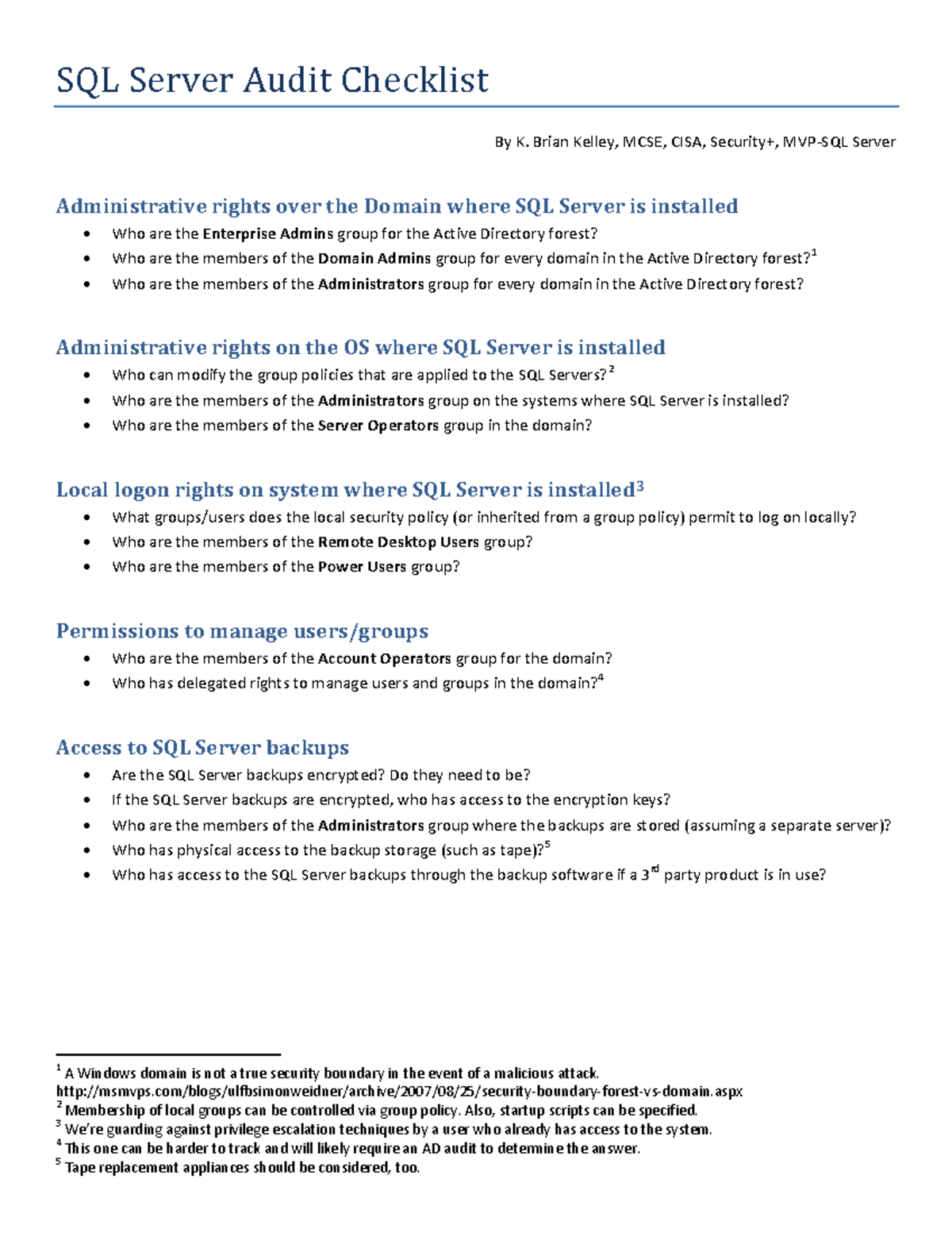Sql server audit checklist - SQL Server Audit Checklist By K. Brian ...