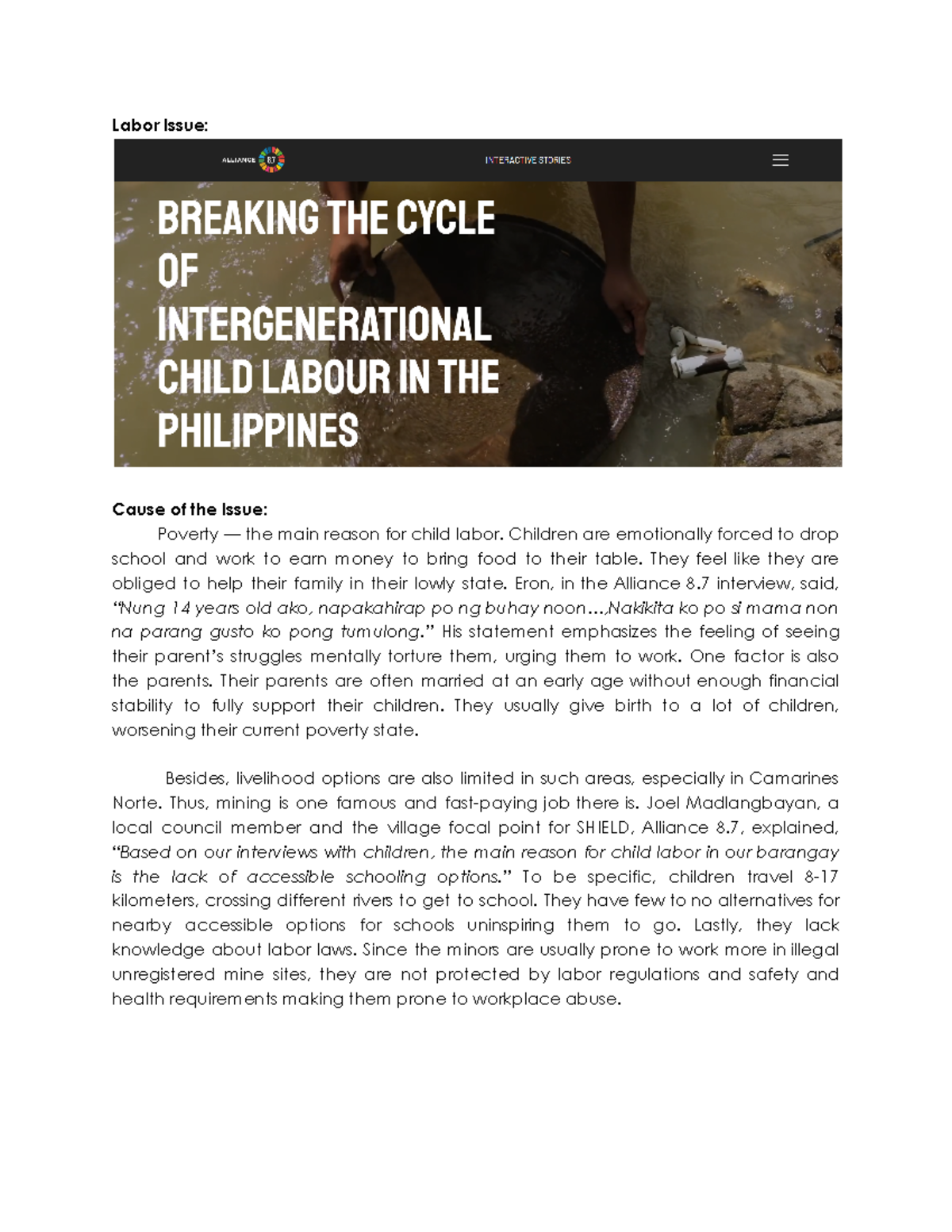 Labor Issue - yes - Labor Issue: Cause of the Issue: Poverty — the main ...