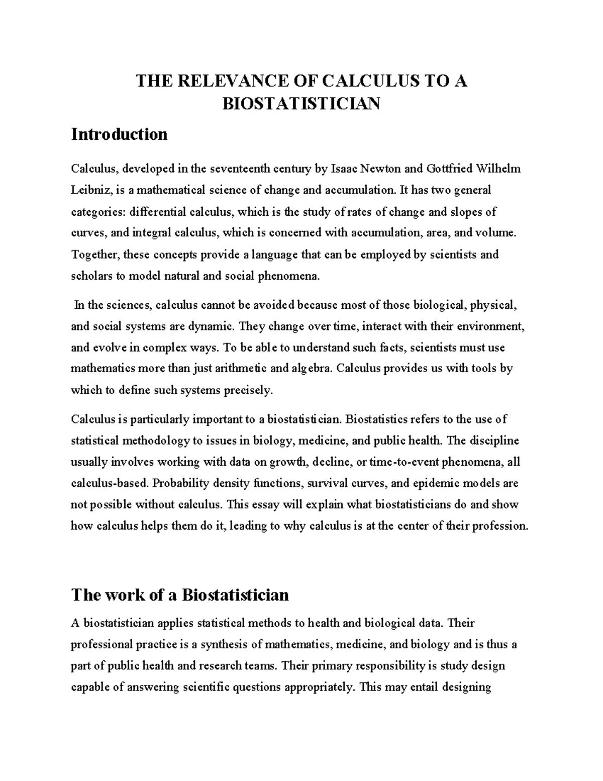 The Role of Calculus in Biostatistics - SMA 2321 Essay Notes - Studocu