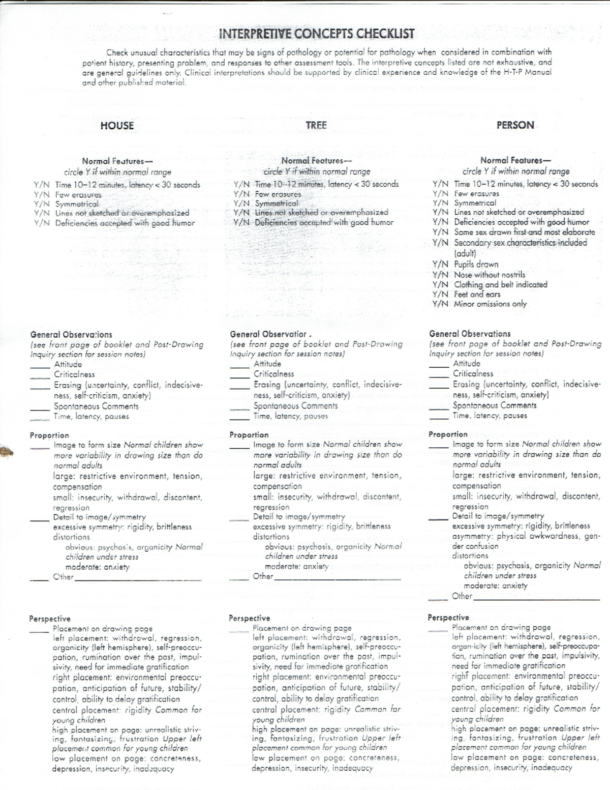 HTP- Interpretive Concepts Checklist for Clinical Assessment - Studocu