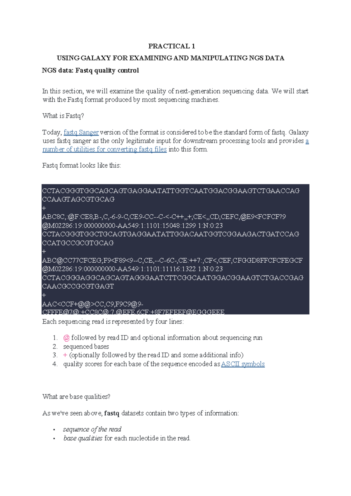 Practical 1: Using Galaxy for NGS Data Quality Control and Manipulation ...