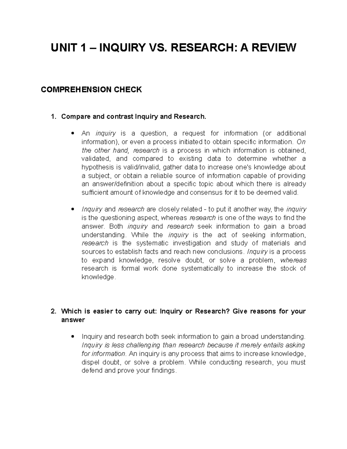 Research in Mathematics Unit 1 - UNIT 1 – INQUIRY VS. RESEARCH: A ...