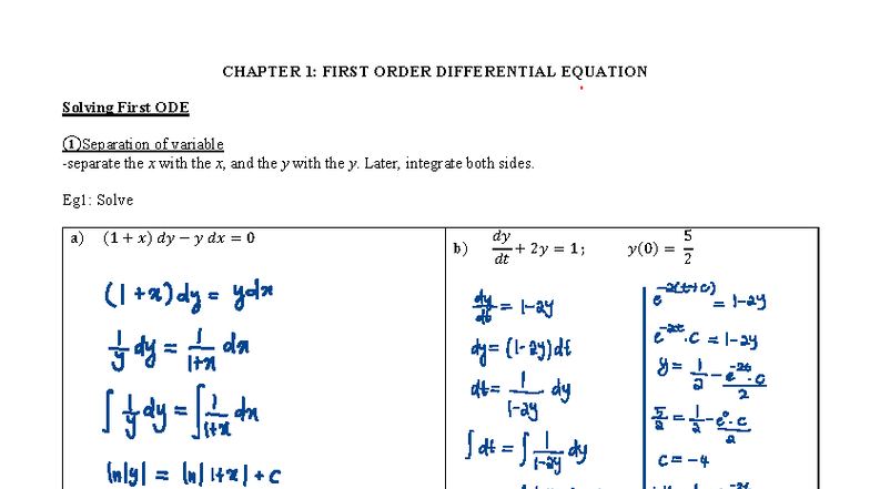 CHAPTER 1: FIRST ORDER DIFFERENTIAL EQUATIONS - Solutions & Methods ...