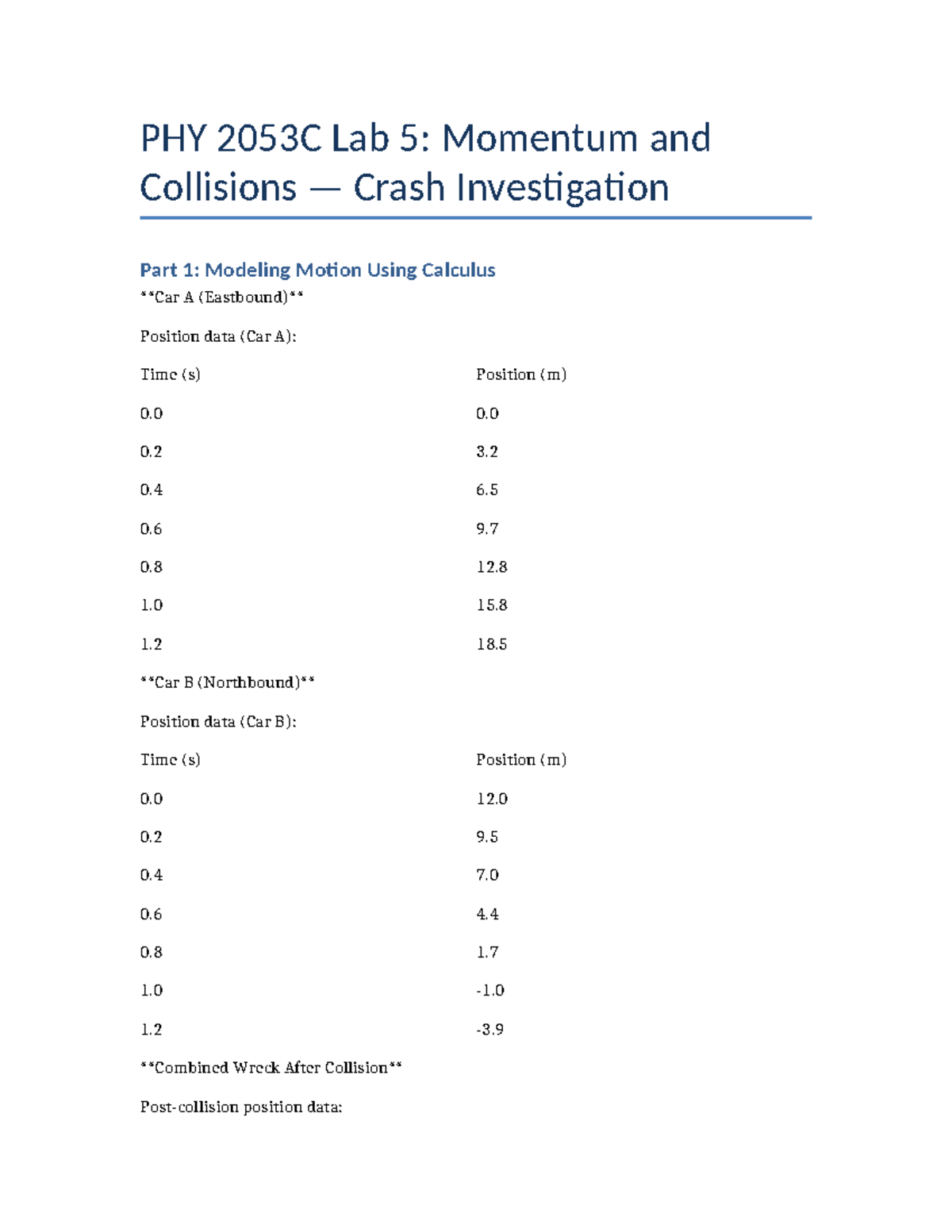 PHY 2053C Lab 5: Momentum & Collisions Analysis Using Calculus - Studocu