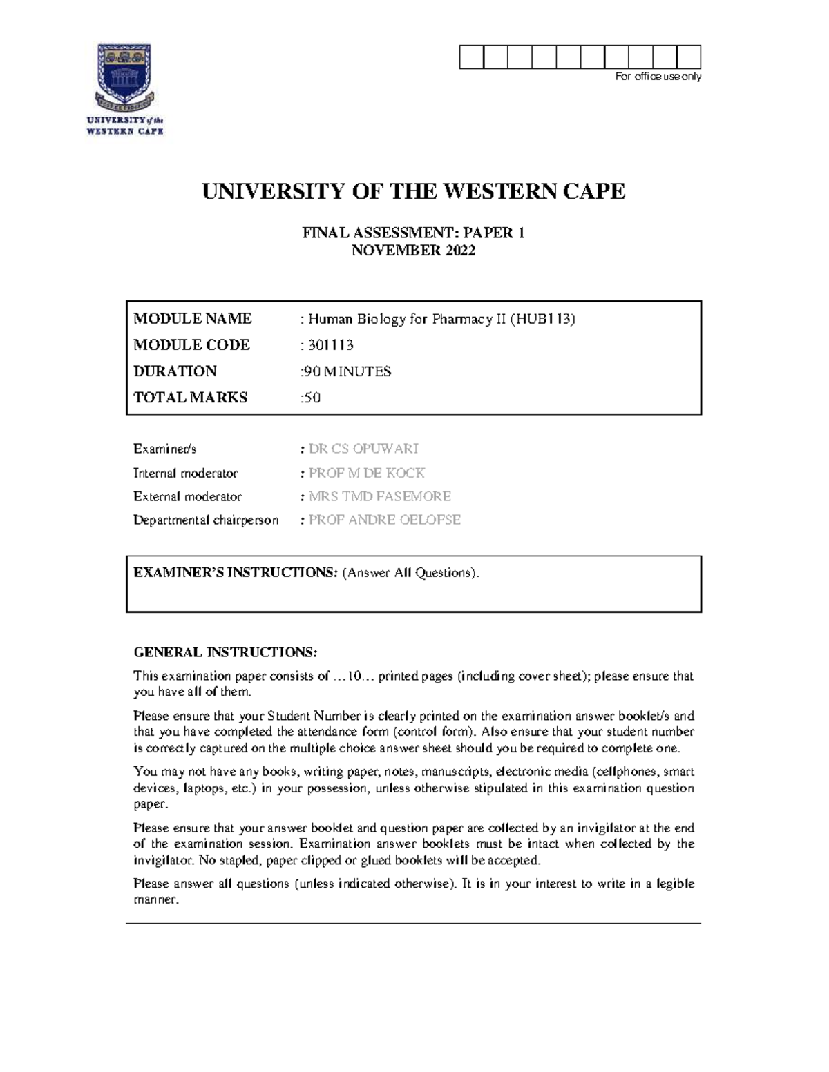 HUB113 Final Assessment: Human Biology for Pharmacy II (Nov 2022) - Studocu
