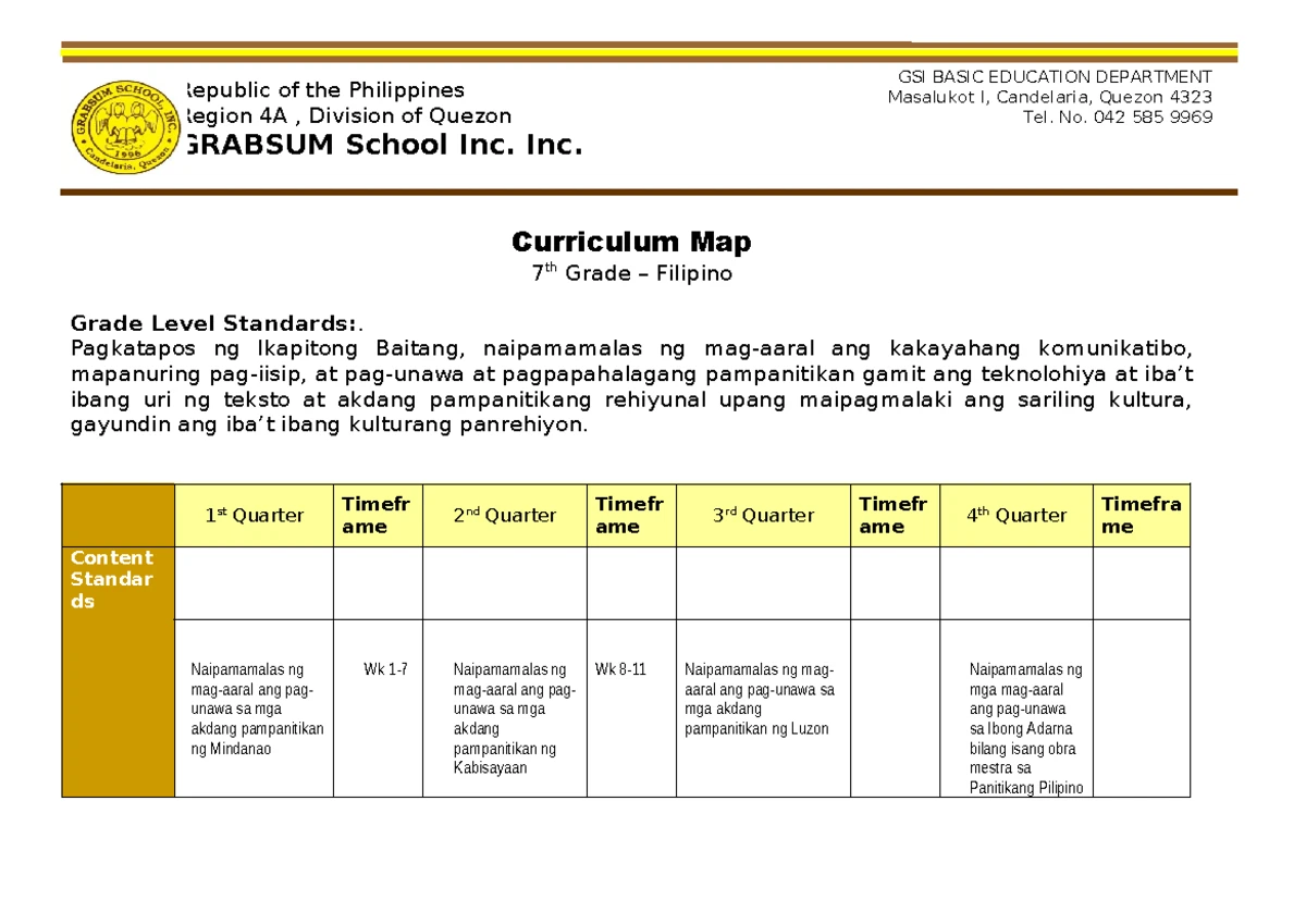 621292474-CM-FIL7 - Curriculum Map for Filipino Grade 7 - Studocu