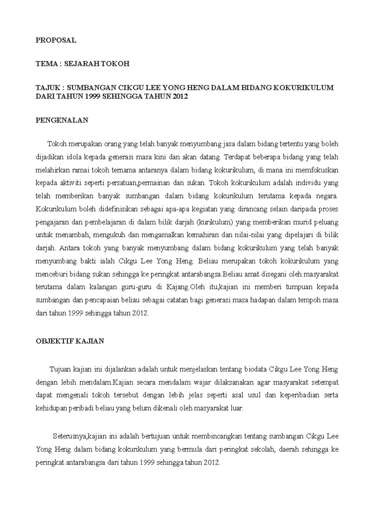 Proposal KK SEJ - Sumbangan Cikgu Lee Yong Heng (1999-2012) - Studocu