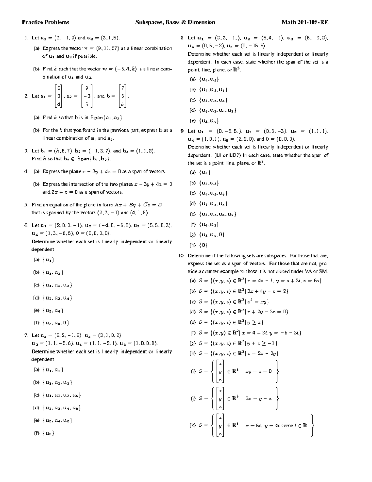 Math 8 Practice Problems: Subspaces, Bases, and Dimension - Studocu