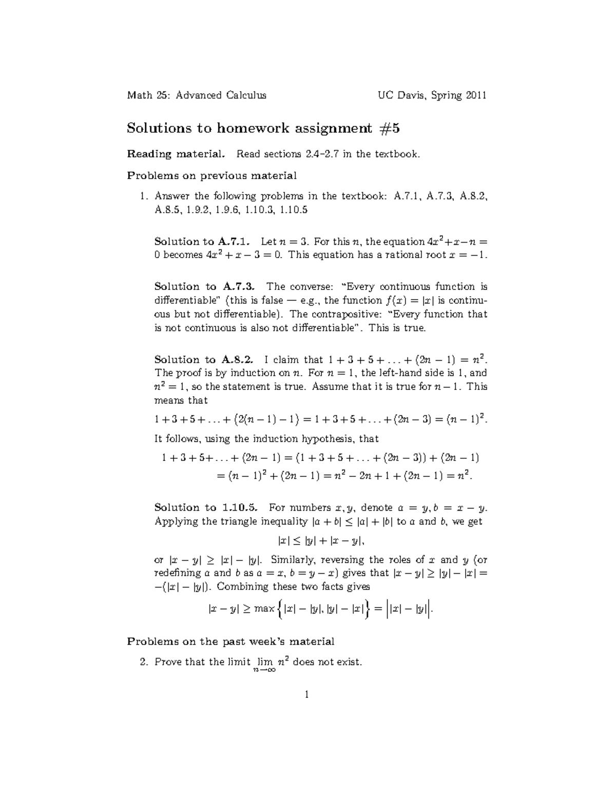 Math 25: Advanced Calculus UC Davis, Spring 2011 Homework Solutions ...