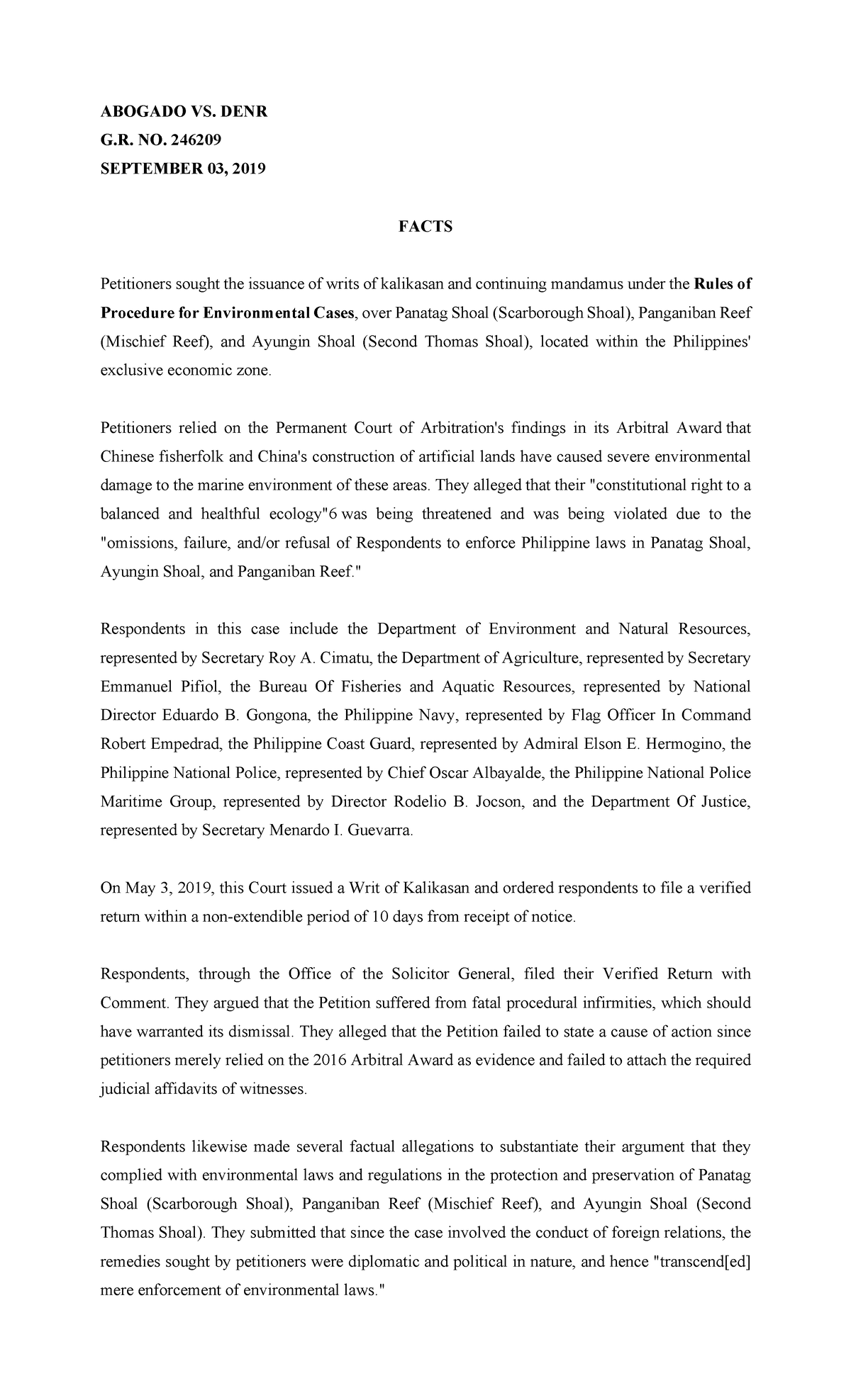 Toaz - Case Digest - ABOGADO VS. DENR G. NO. 246209 SEPTEMBER 03, 2019 ...