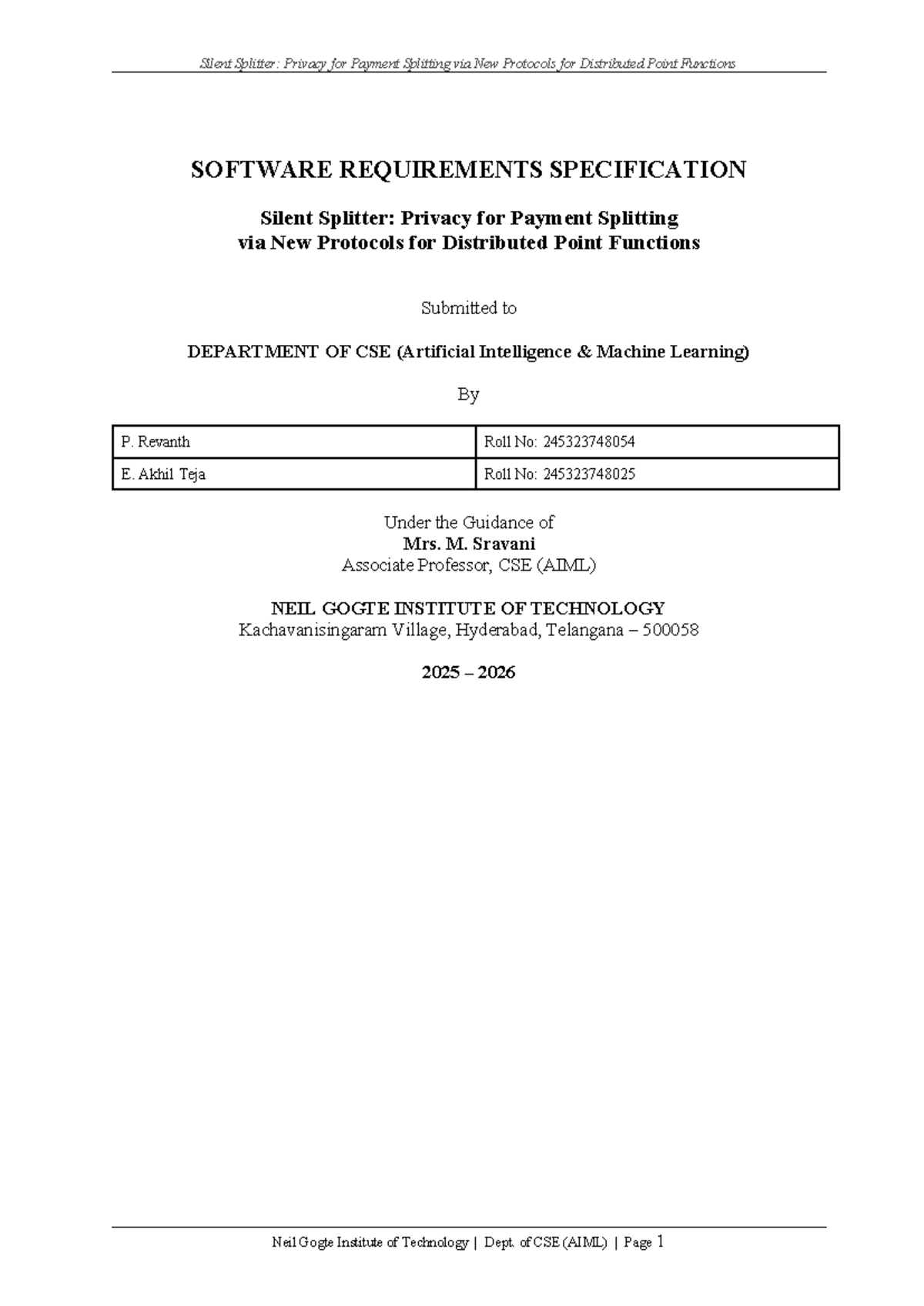 Silent Splitter: SRS for Privacy in Payment Splitting (CSE AIML) - Studocu