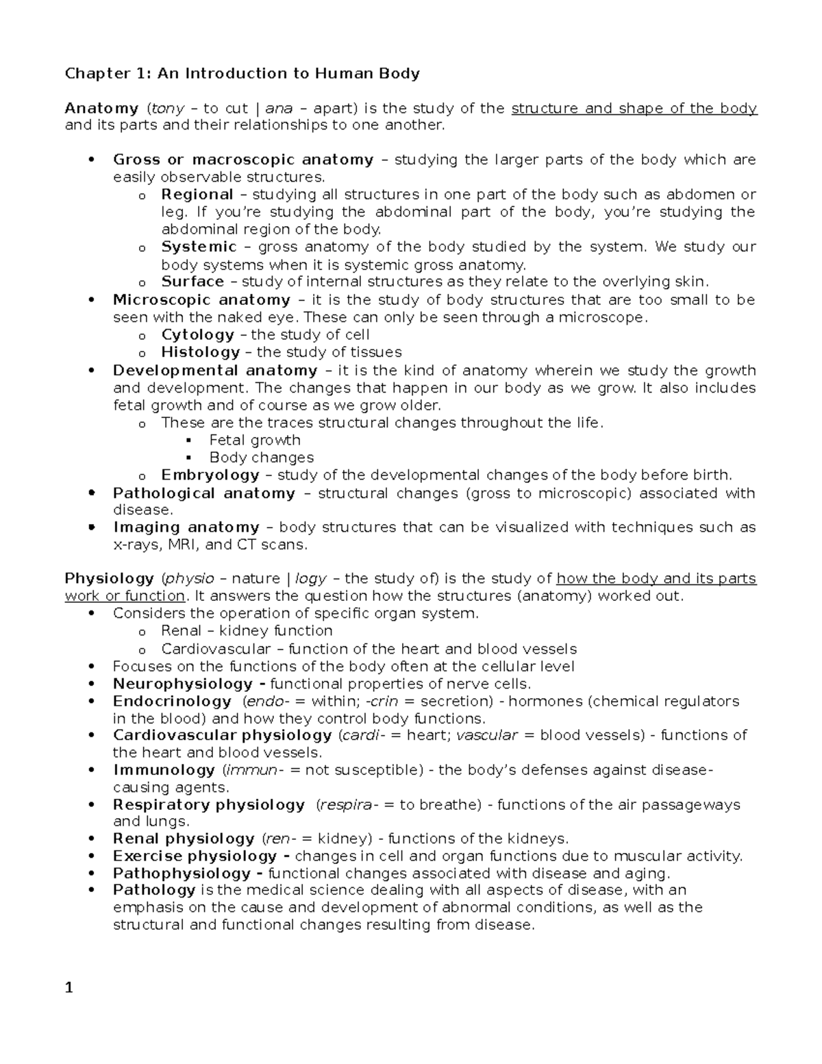 Chapter 1: Intro to Anatomy and Physiology in Human Body - Studocu