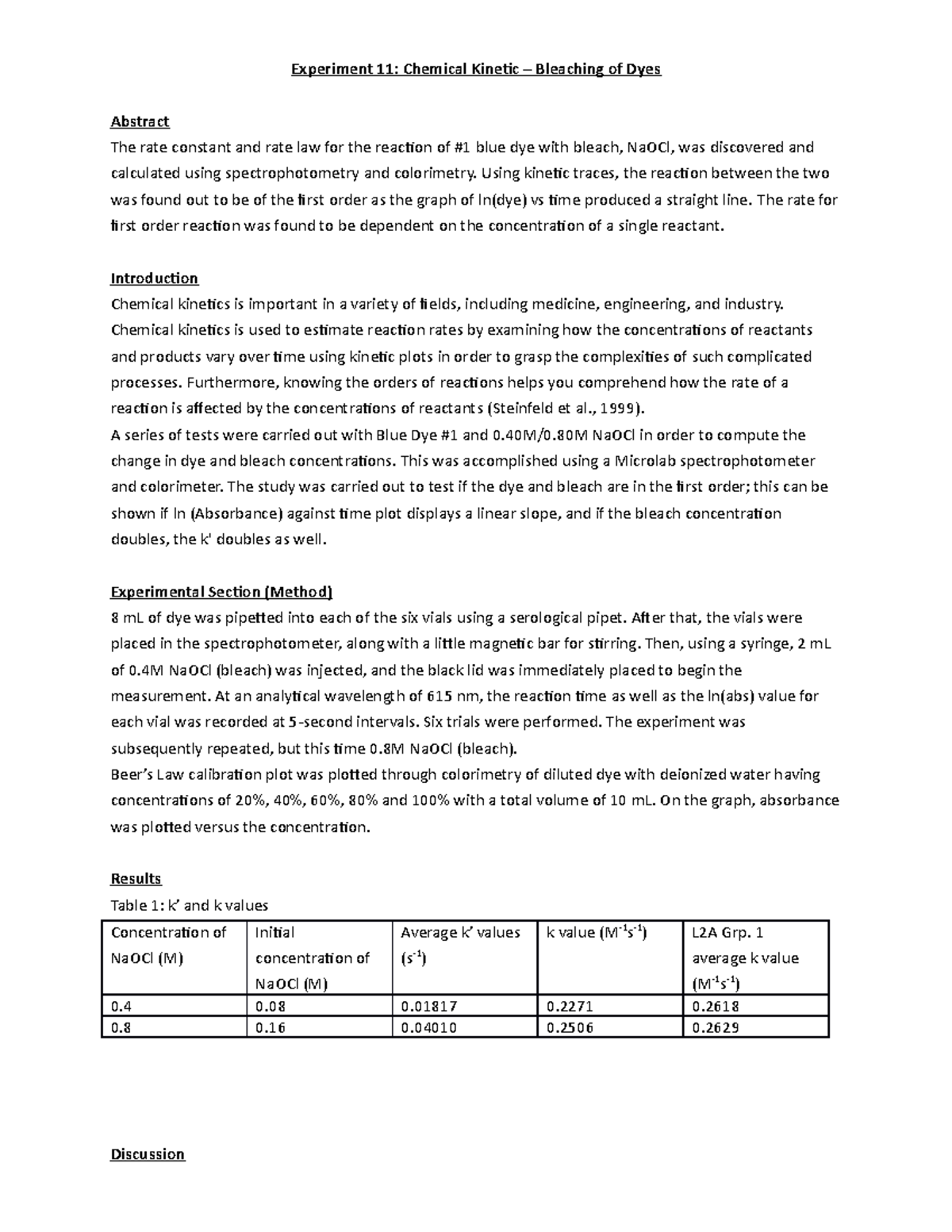 Experiment 11: Kinetic Study of Blue Dye Bleaching with NaOCl - Studocu