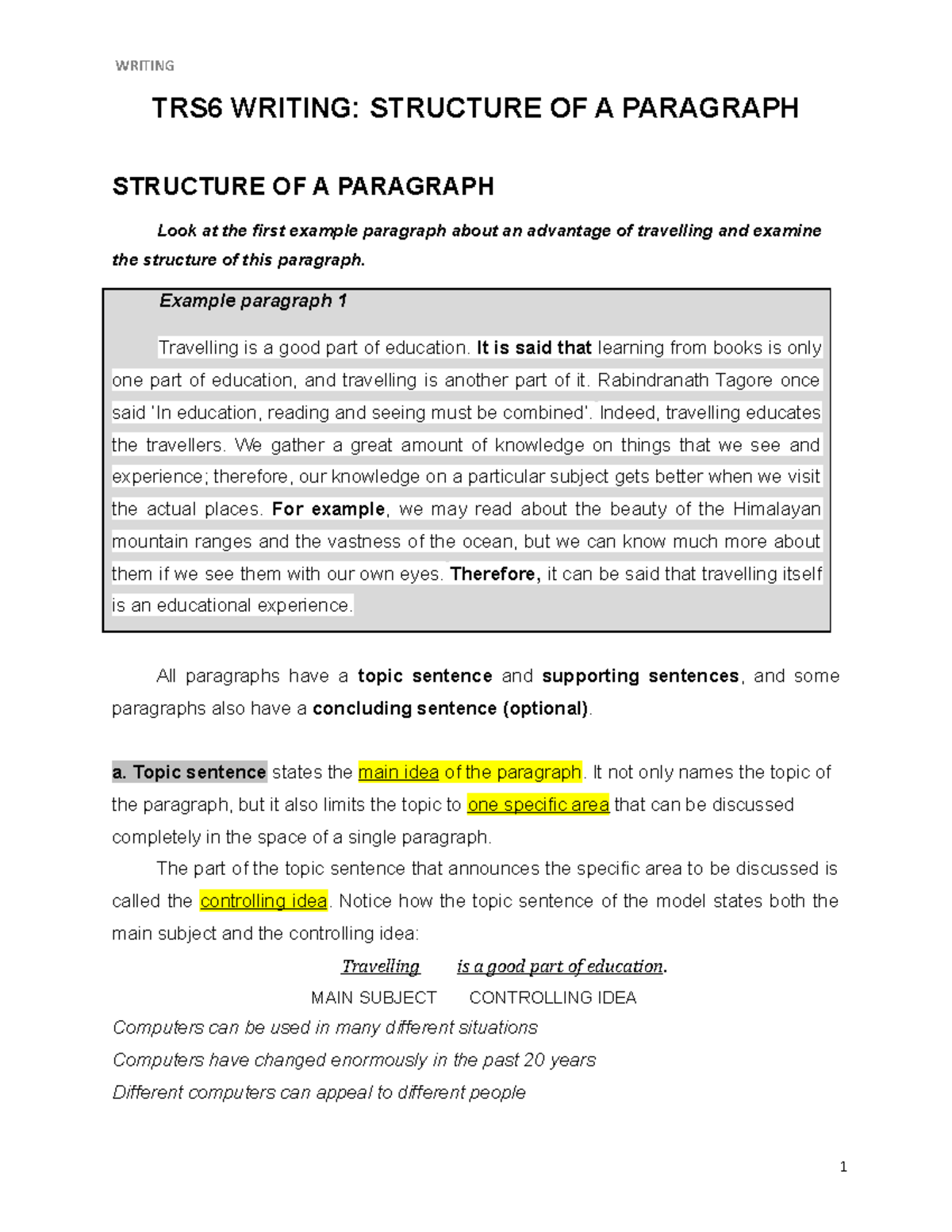 TRS6 Writing: Understanding Paragraph Structure and Topic Development ...