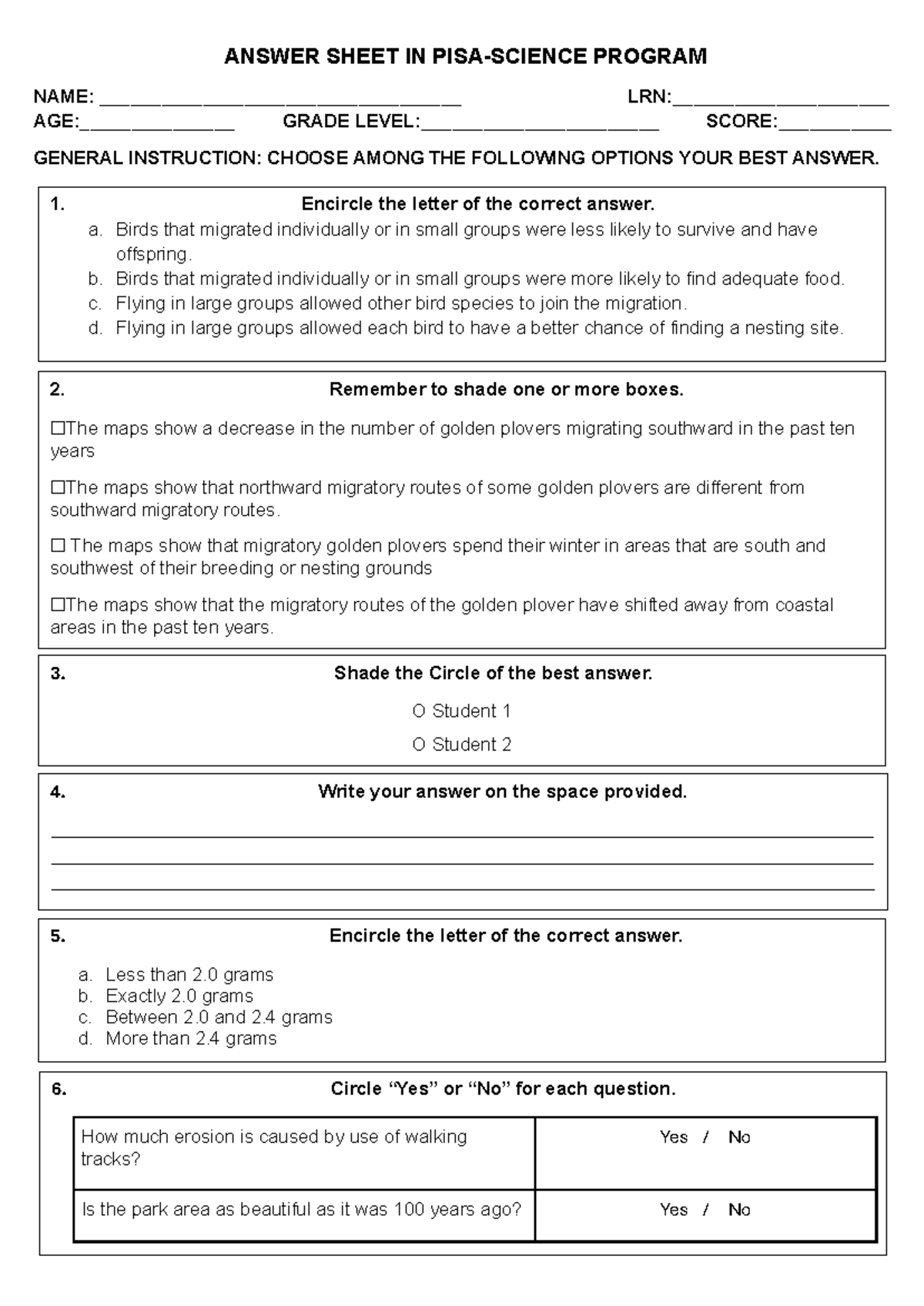 Answer Sheet PISA - ANSWER SHEET IN PISA-SCIENCE PROGRAM NAME