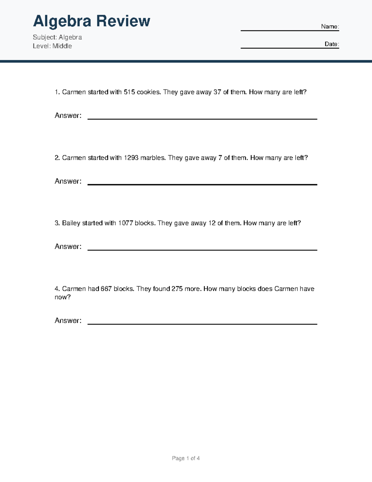 Algebra Review 2 - Middle Level Practice Problems - Studocu