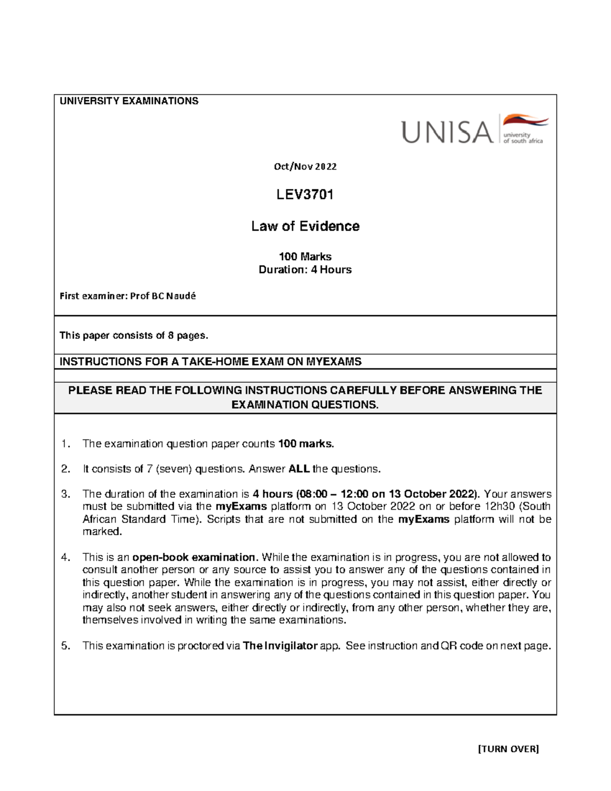 LEV3701 - Law of Evidence Exam Preparation Guide for Oct/Nov 2022 - Studocu