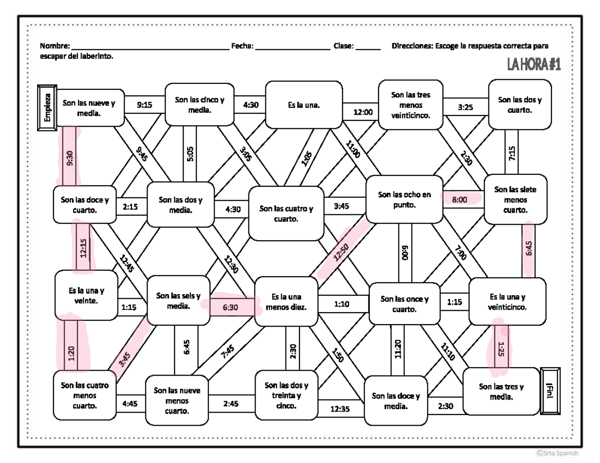 Cherrie Davis - La Hora Telling Time Spanish Maze Practice Activity ...