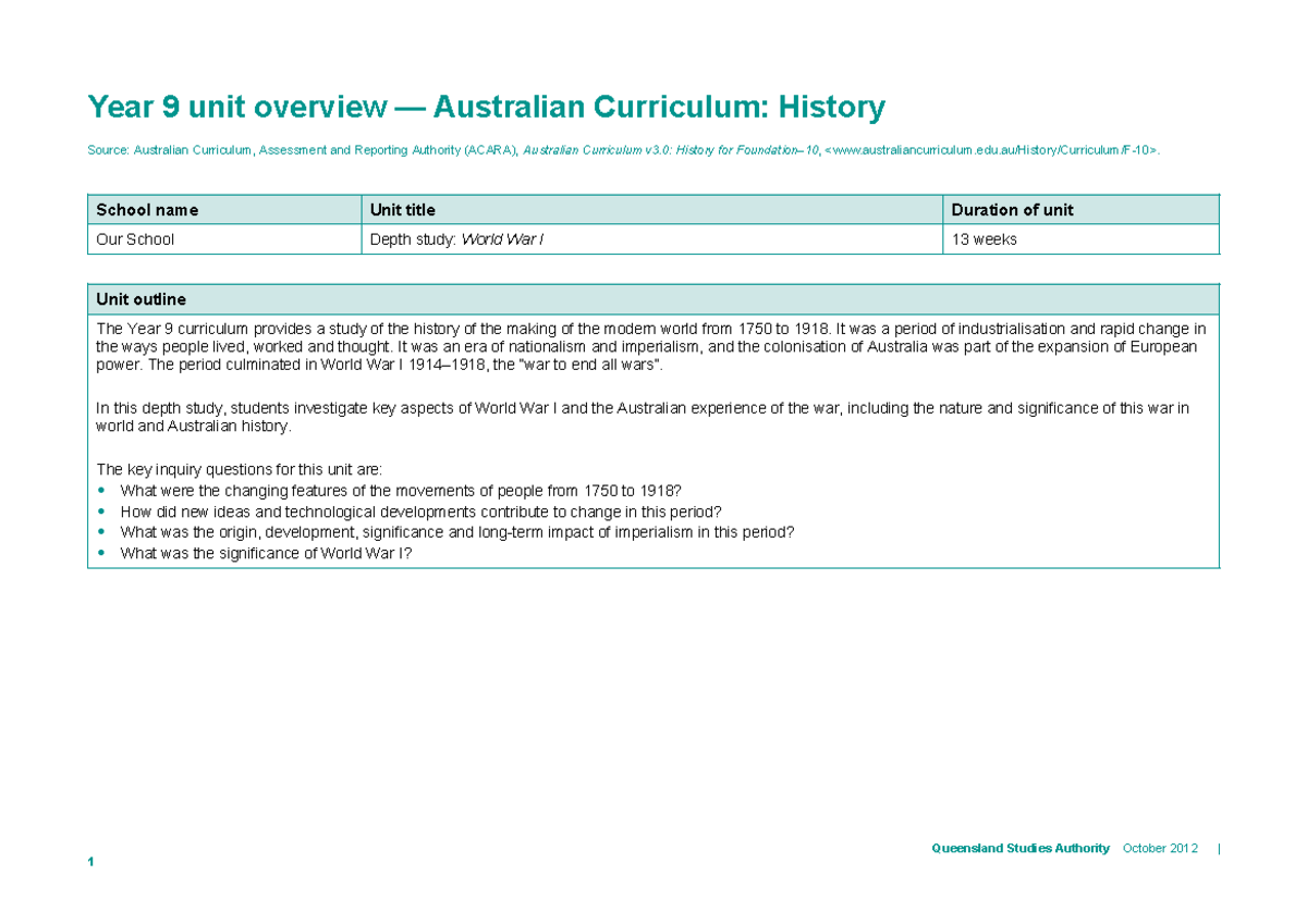 Year 9 History Unit Overview: World War I Depth Study - Studocu