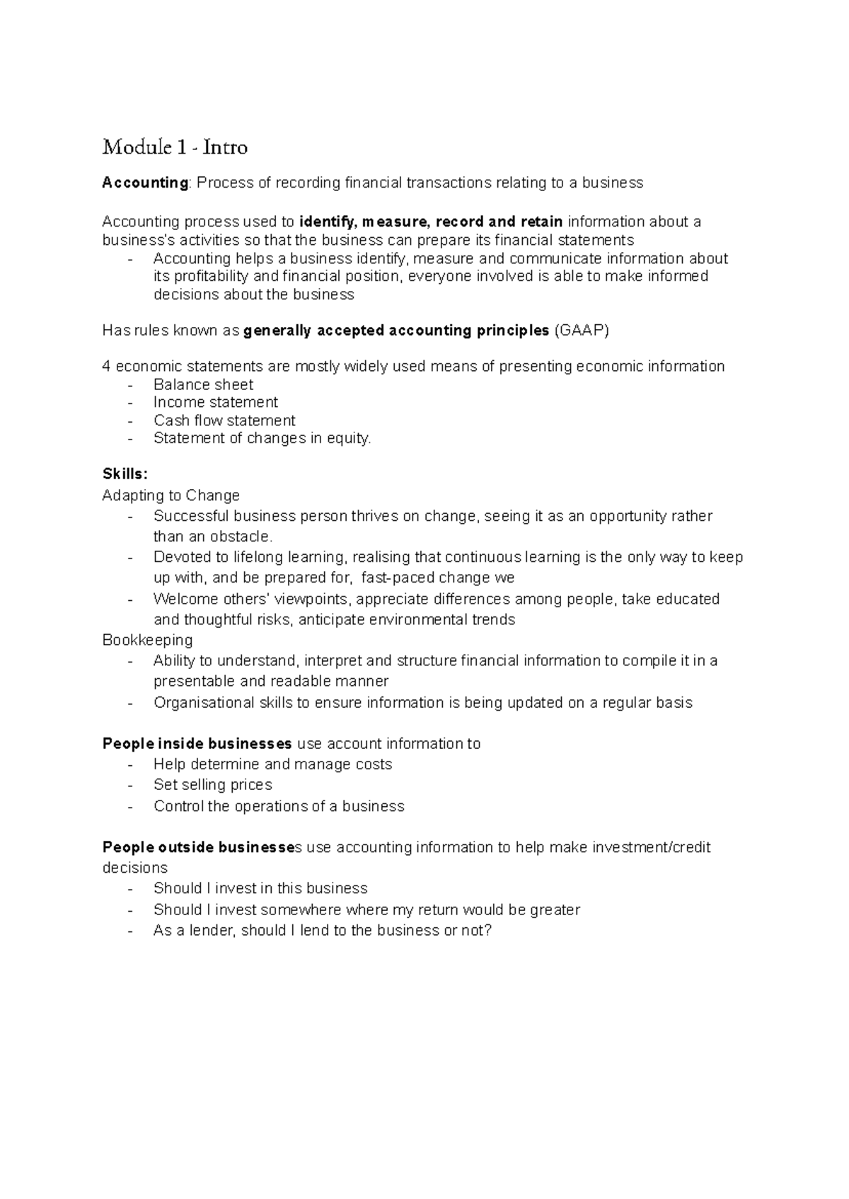 BUSS1030 Final Concise Summary - Module 1 - Intro Accounting: Process ...