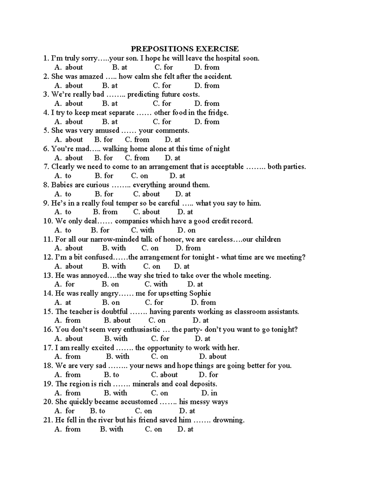 Prepositions Exercise 1: Practice Questions and Answers - Studocu