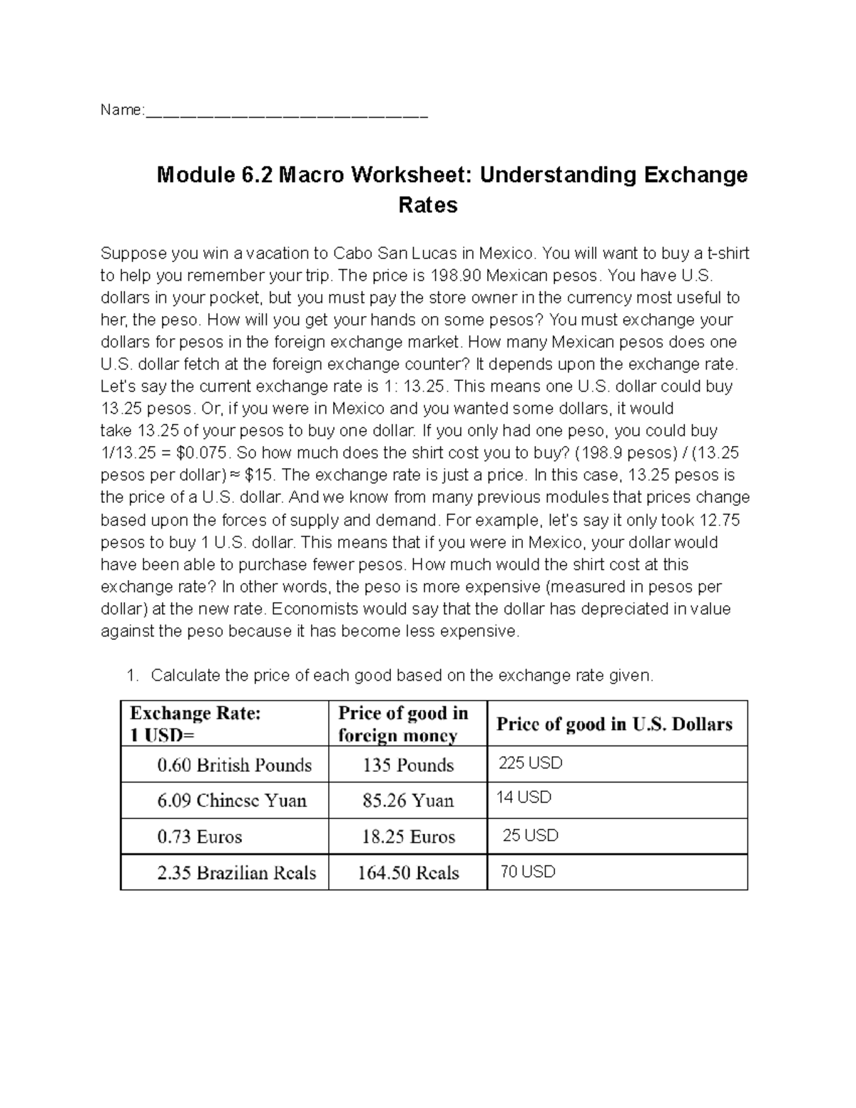 Macro Module Unit 6.2 Worksheet: Understanding Exchange Rates - Studocu