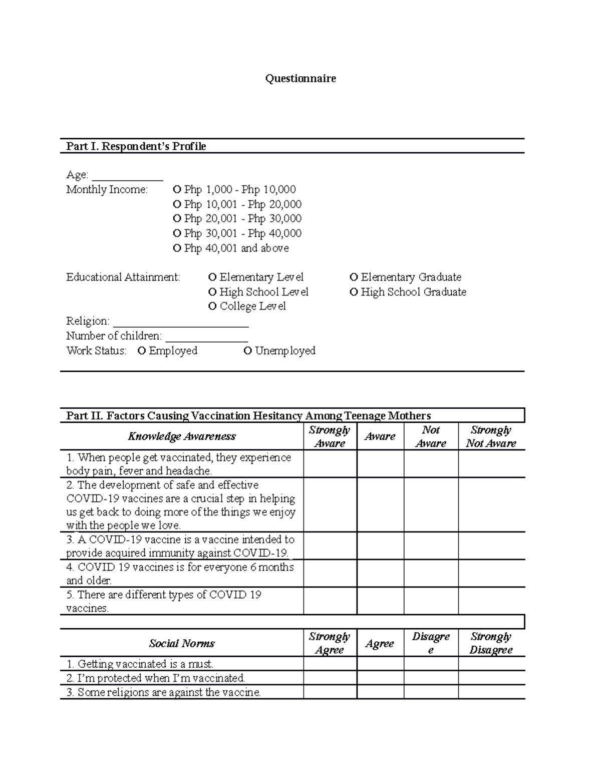 Questionnaire - This is a theoretical framework. - Questionnaire Part I ...