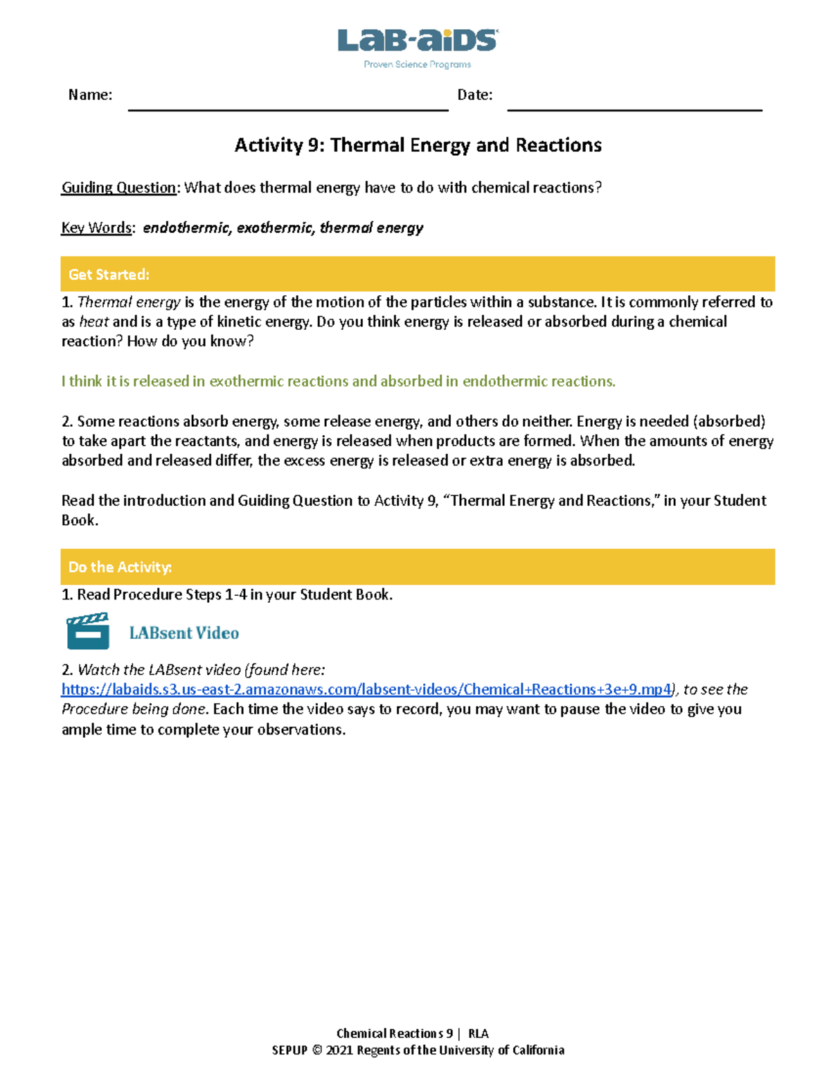 Thermal Energy and Reactions - Name: Date: Activity 9: Thermal Energy ...