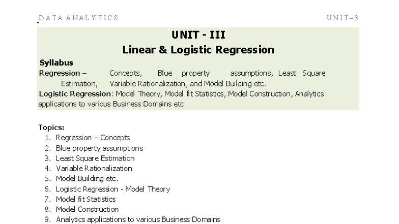 DATA ANALYTICS DA(3) Notes: Linear & Logistic Regression Concepts and ...