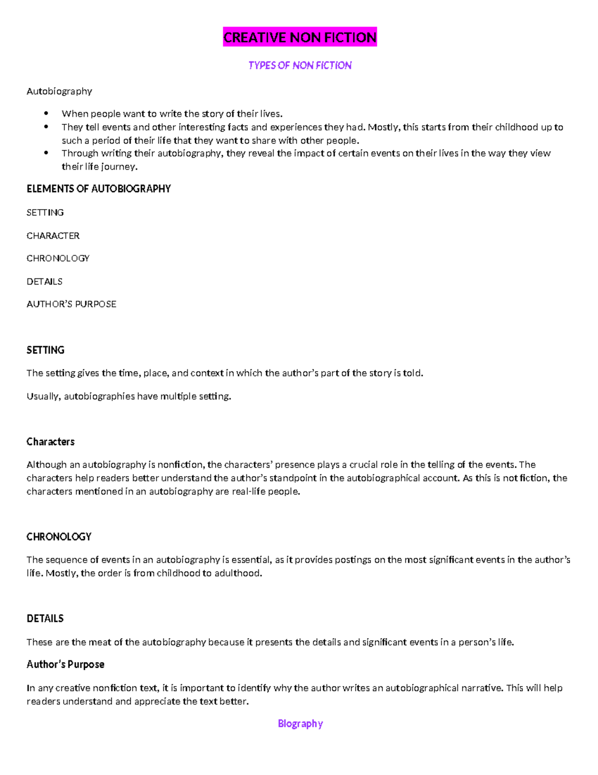 Creative Nonfiction: Types & Elements of Autobiography and Biography ...