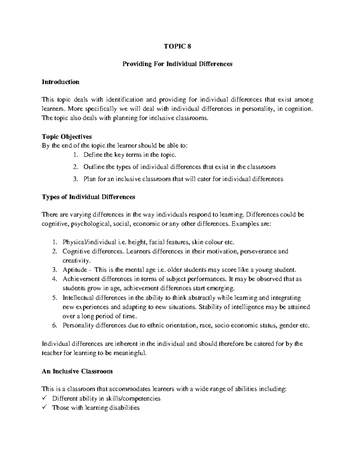 Topic 8: Individual Differences & Inclusive Classroom Strategies - Studocu