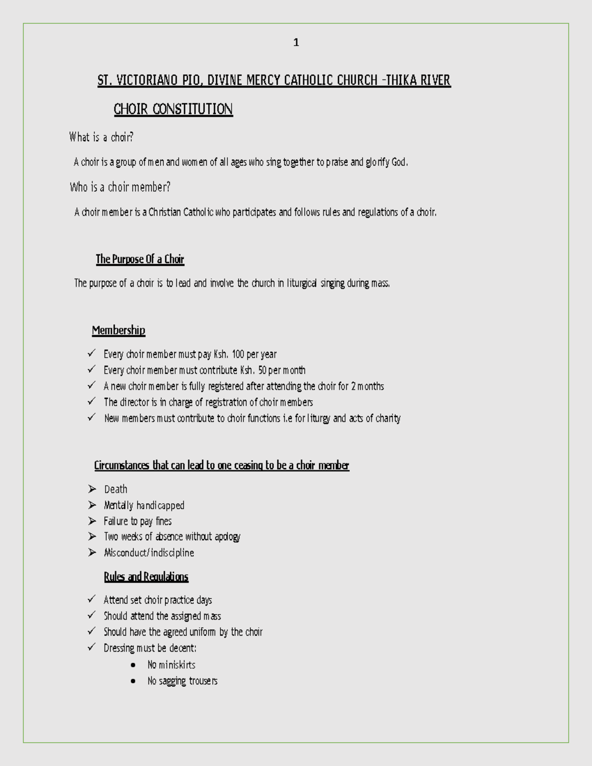 Choir Constitution for Divine Mercy Catholic Church (1ST) - Studocu