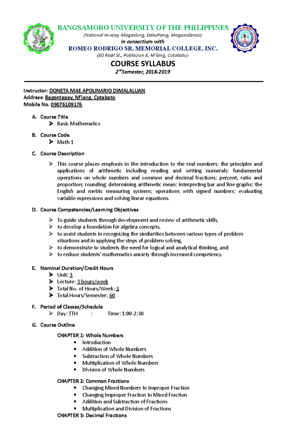 Basic Math Syllabus (Math 1) - 2nd Semester Course Overview - Studocu