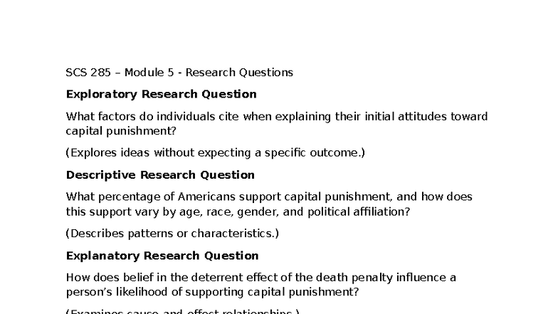 SCS 285 Module 5 Research Questions on Capital Punishment - Studocu