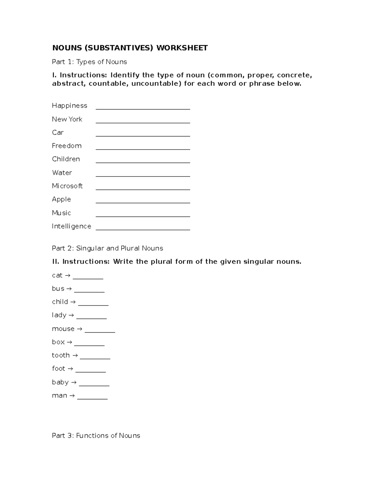 Nouns Worksheet 01 - NOUNS (SUBSTANTIVES) WORKSHEET Part 1: Types of ...